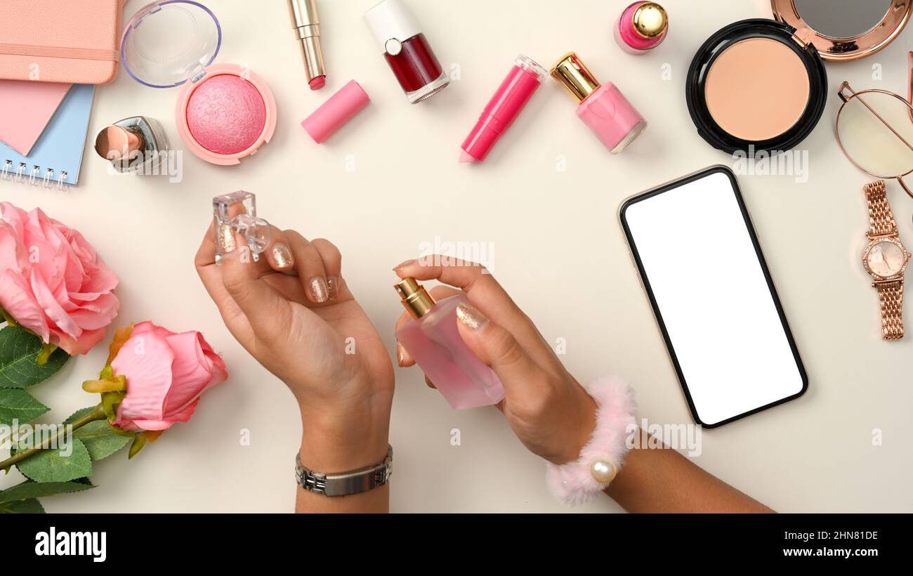 Female beauty blogger workspace, feminine office desk with a female ...