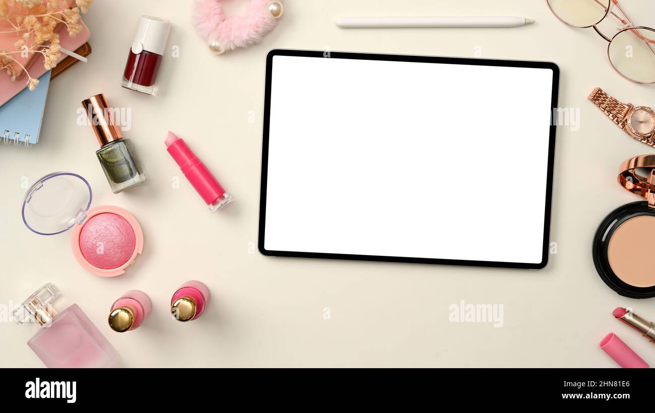 Beauty blogger or makeup artist workspace with digital tablet white ...