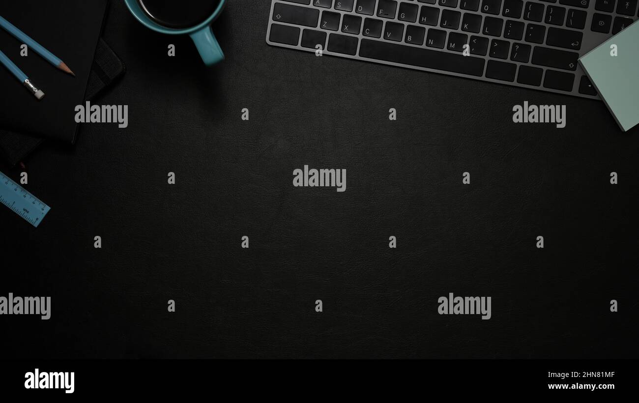 Modern black and blue workspace concept, Black workspace background ...