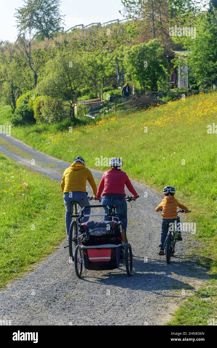 Bike tour with family between blossoming trees in springtme Stock Photo ...