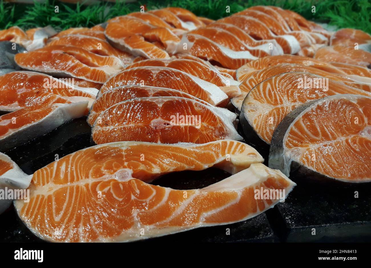 Trout fish fresh seafood steak cut Stock Photo - Alamy