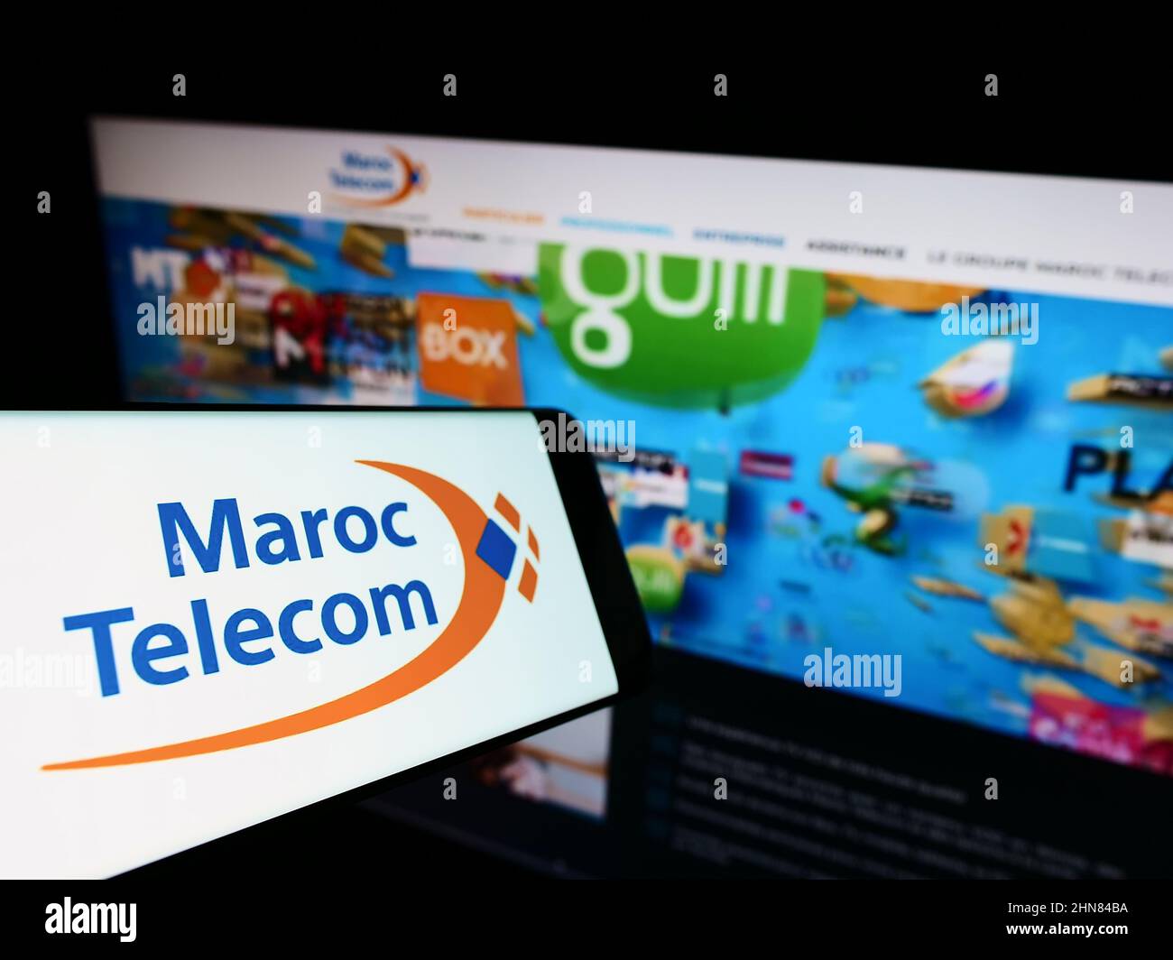 Mobile phone with logo of telecommunications company Maroc Telecom (IAM ...