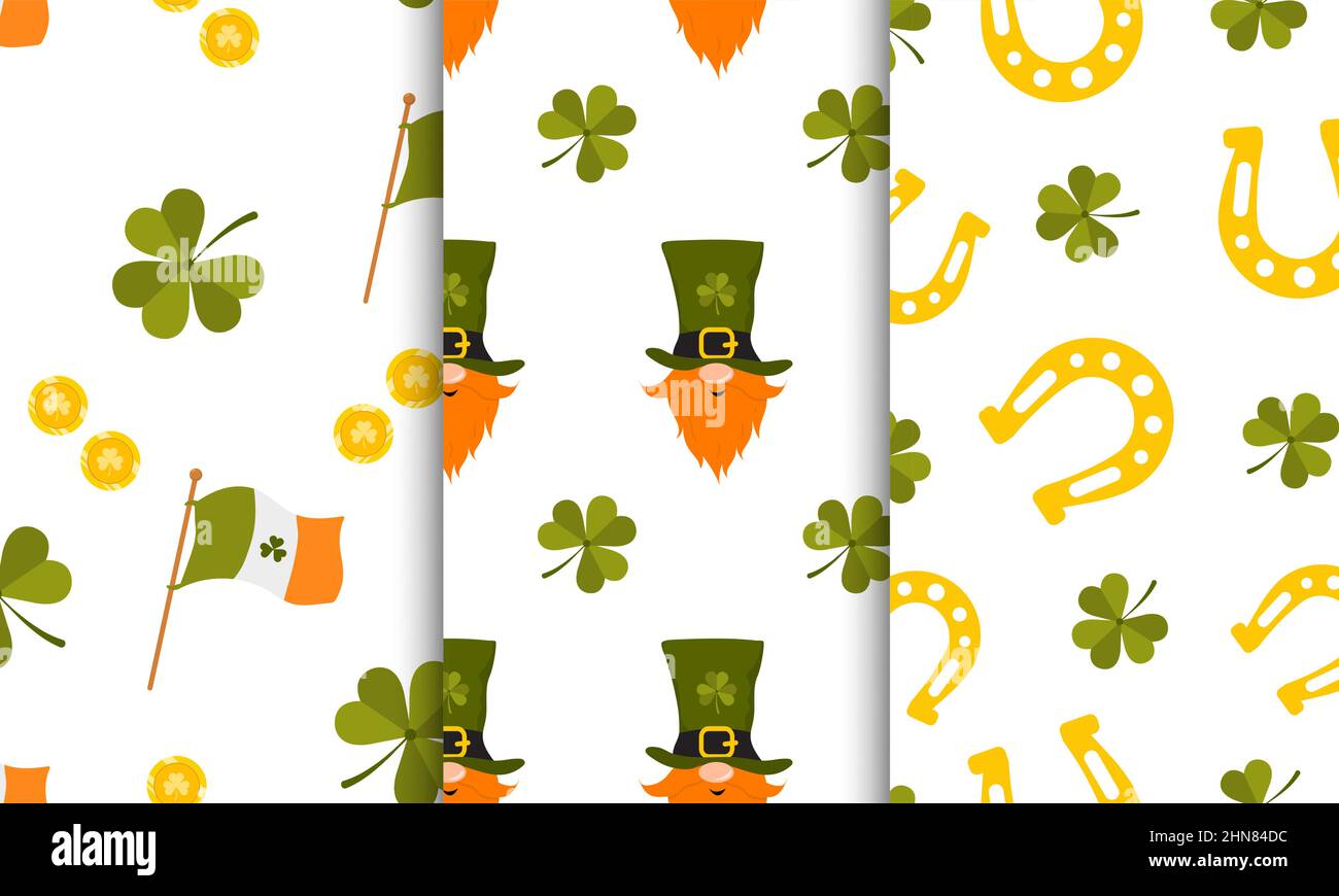 Set of seamless patterns for St. Patrick day. Cute festive backgrounds ...