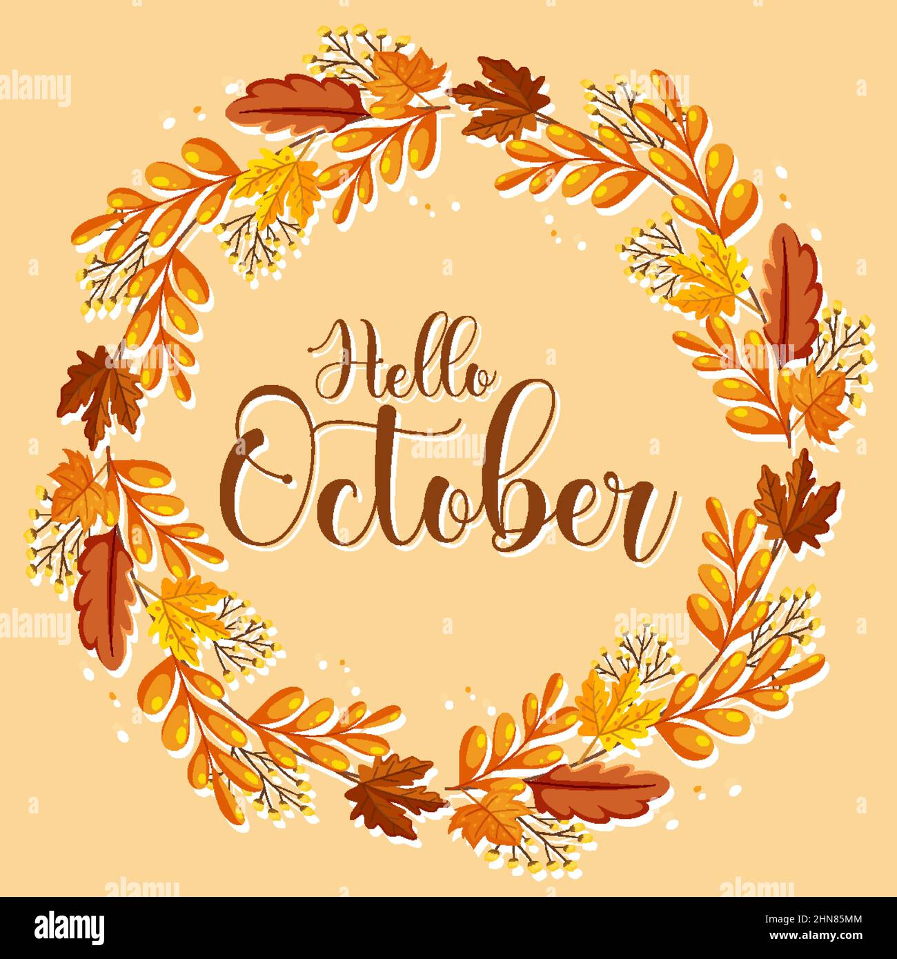 Hello October with ornate of autumn leaves frame illustration Stock ...