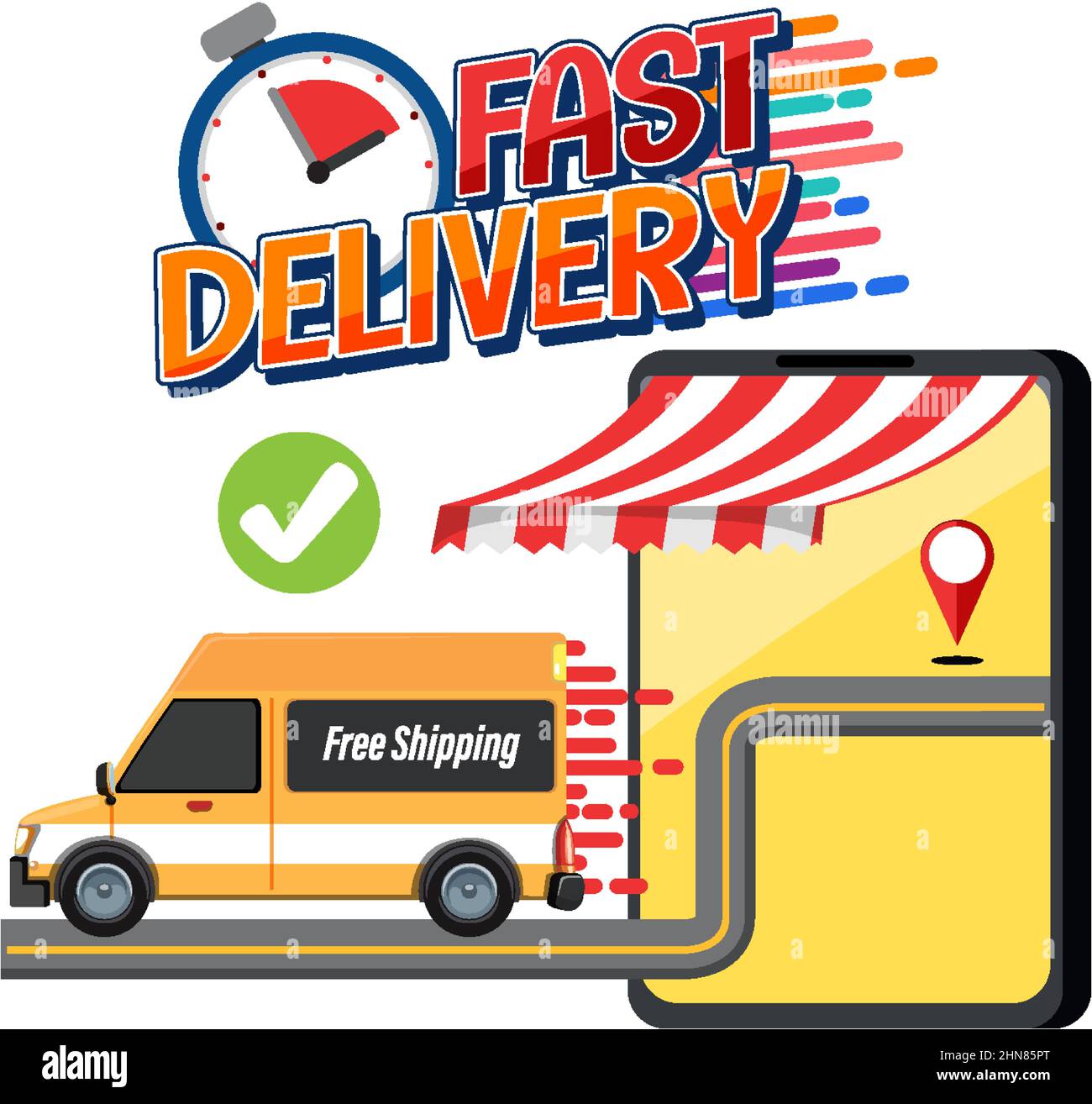 Fast delivery wordmark with panel van and smartphone illustration Stock ...