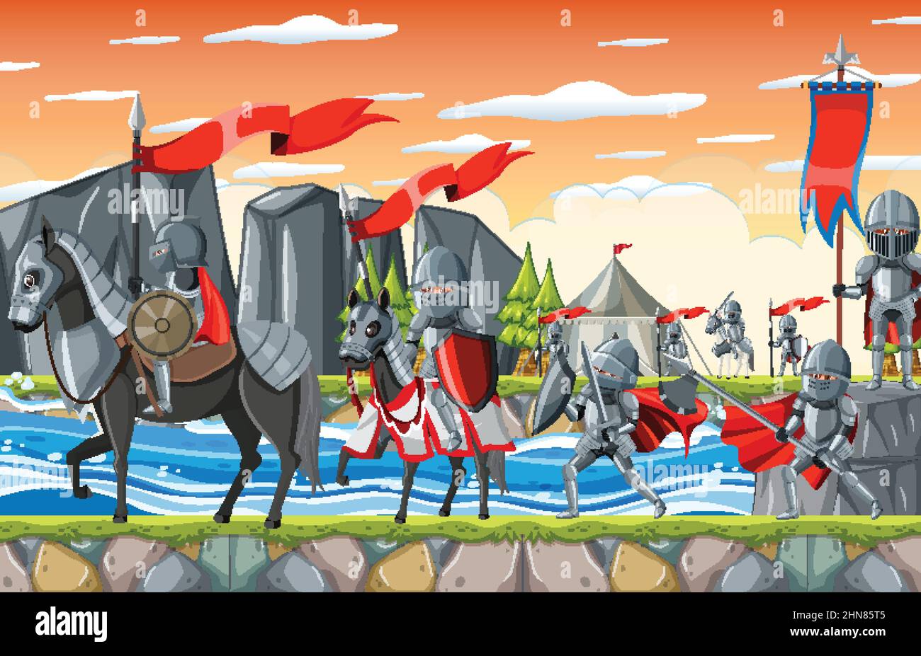 Nature outdoor scene with medieval army illustration Stock Vector Image ...