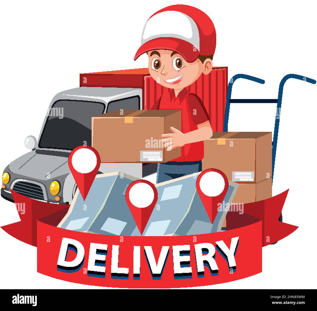 Delivery Express wordmark with courier delivering packages illustration ...