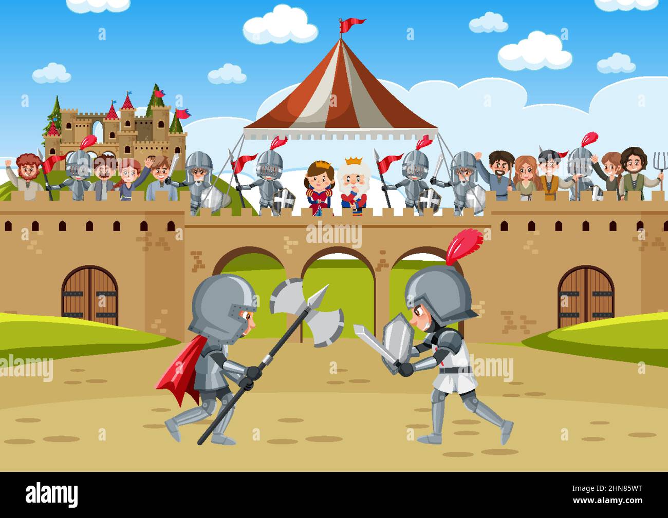 Medieval scene with two knights in armour is fighting illustration ...