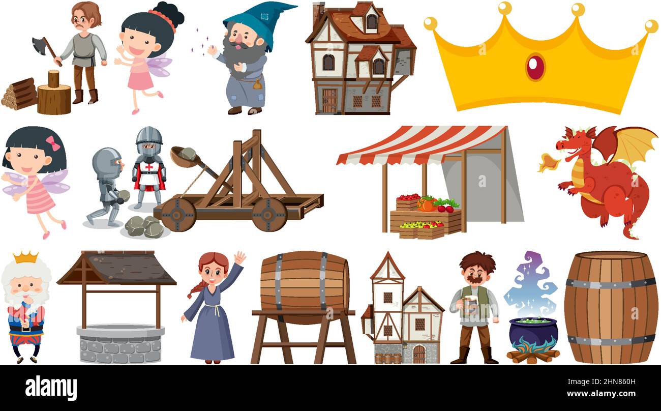 Set of fantasy cartoon characters and elements illustration Stock ...