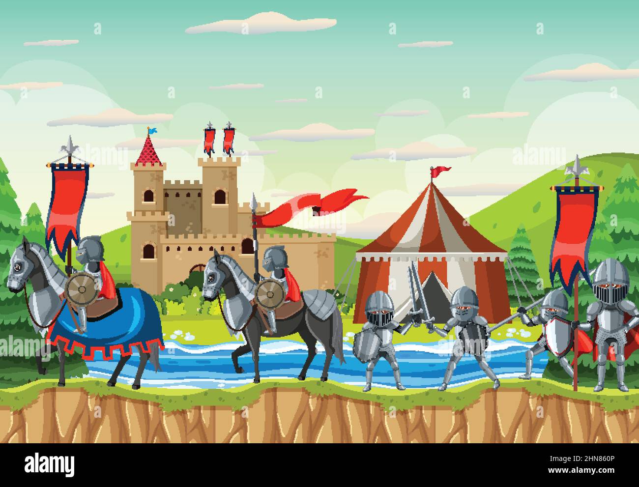 Medieval army camp scene with knights in cartoon style illustration ...