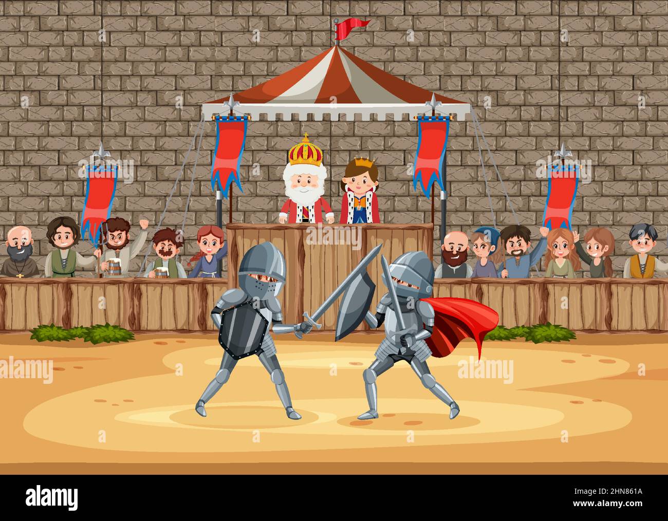 Battle scene with medieval warriors fighting illustration Stock Vector ...