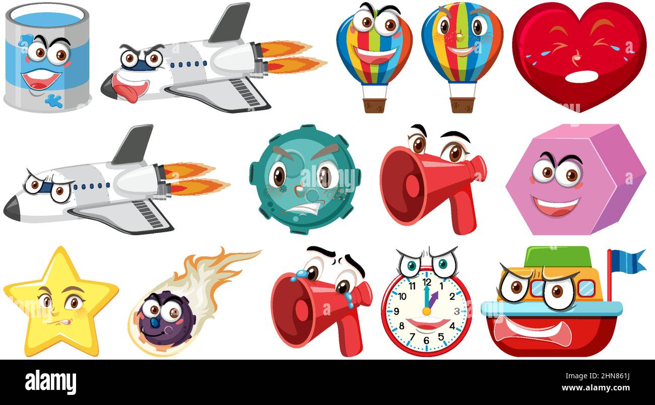 Set of different toy objects with smiley faces illustration Stock ...