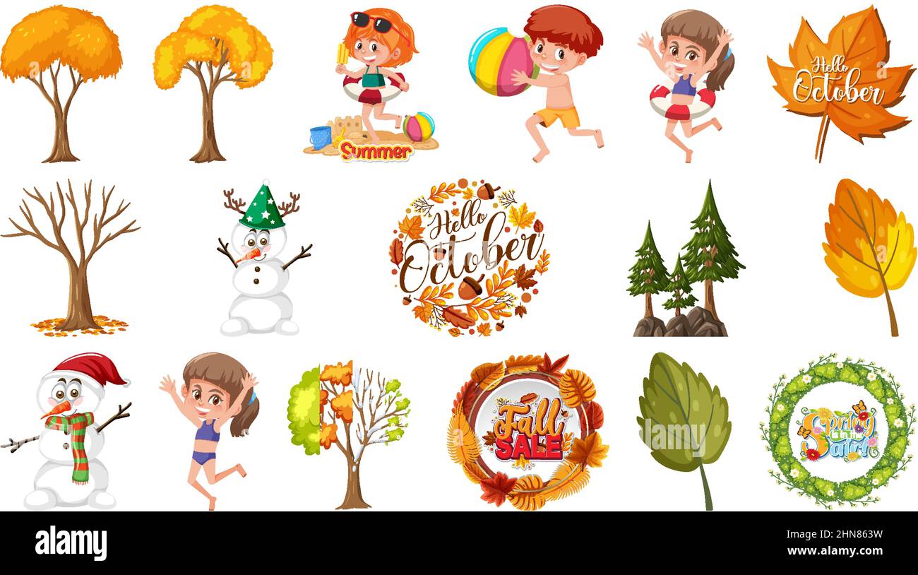 Set of four seasons trees and nature objects illustration Stock Vector ...