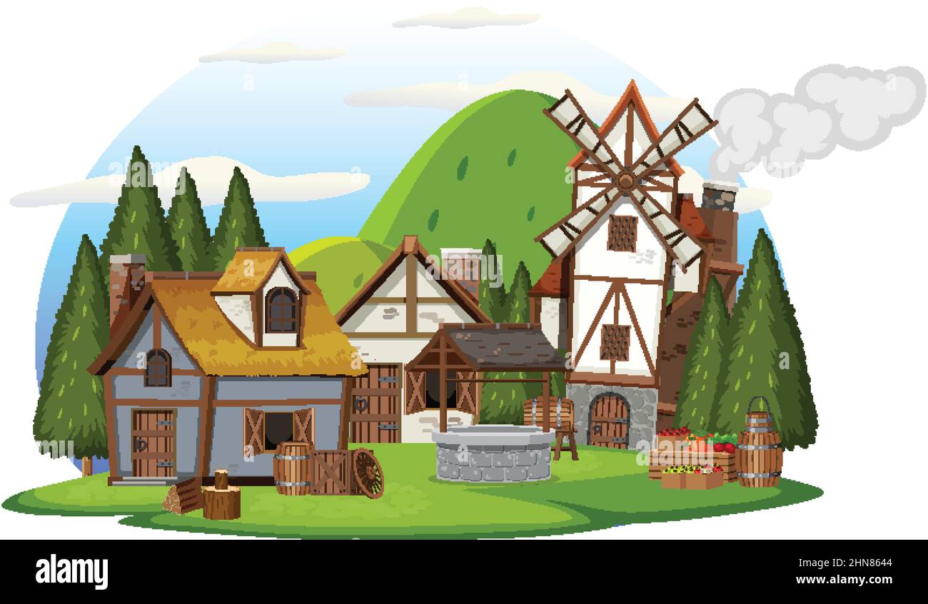 Isolated ancient medieval village illustration Stock Vector Image & Art ...