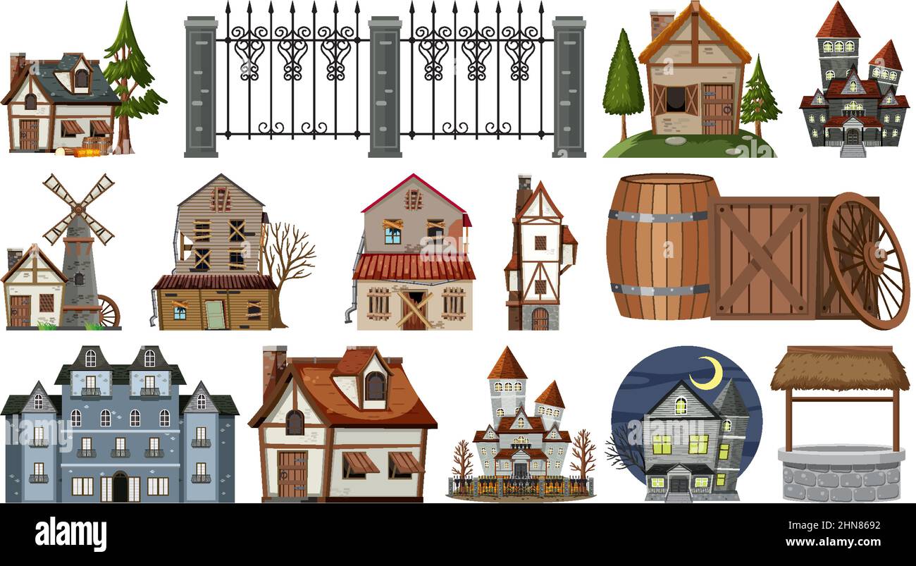 Set of abandoned houses and buildings illustration Stock Vector Image ...