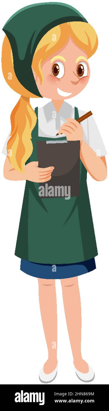 Young female waitress taking an order cartoon character on white ...