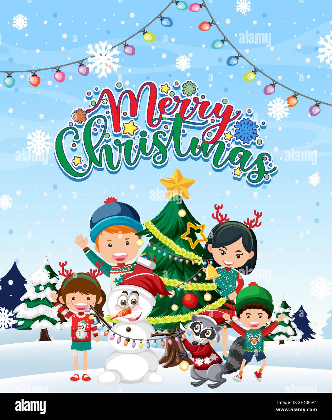 Merry Christmas poster with children and snowman illustration Stock ...