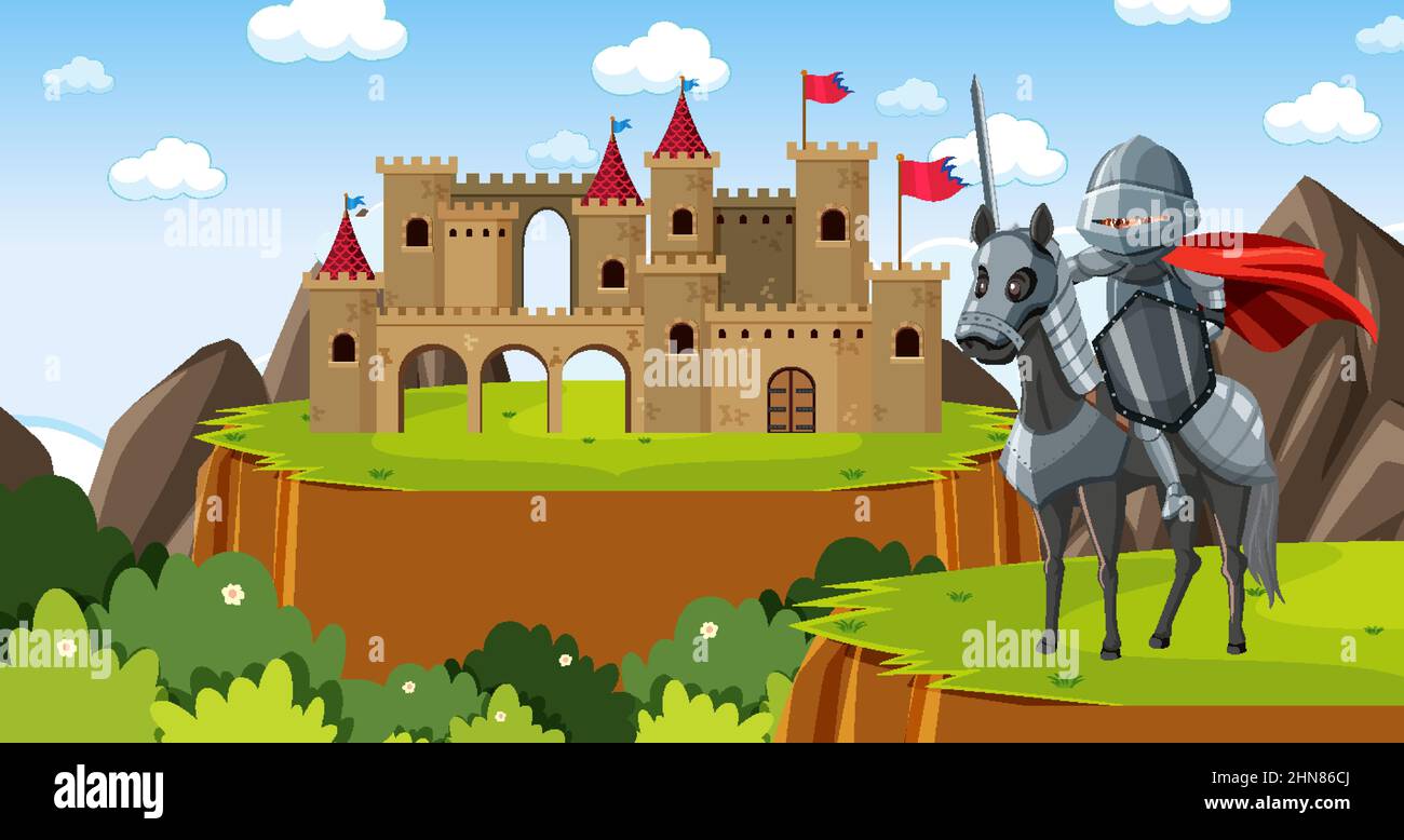 Medieval outdoor scene with armoured knight on horseback illustration ...