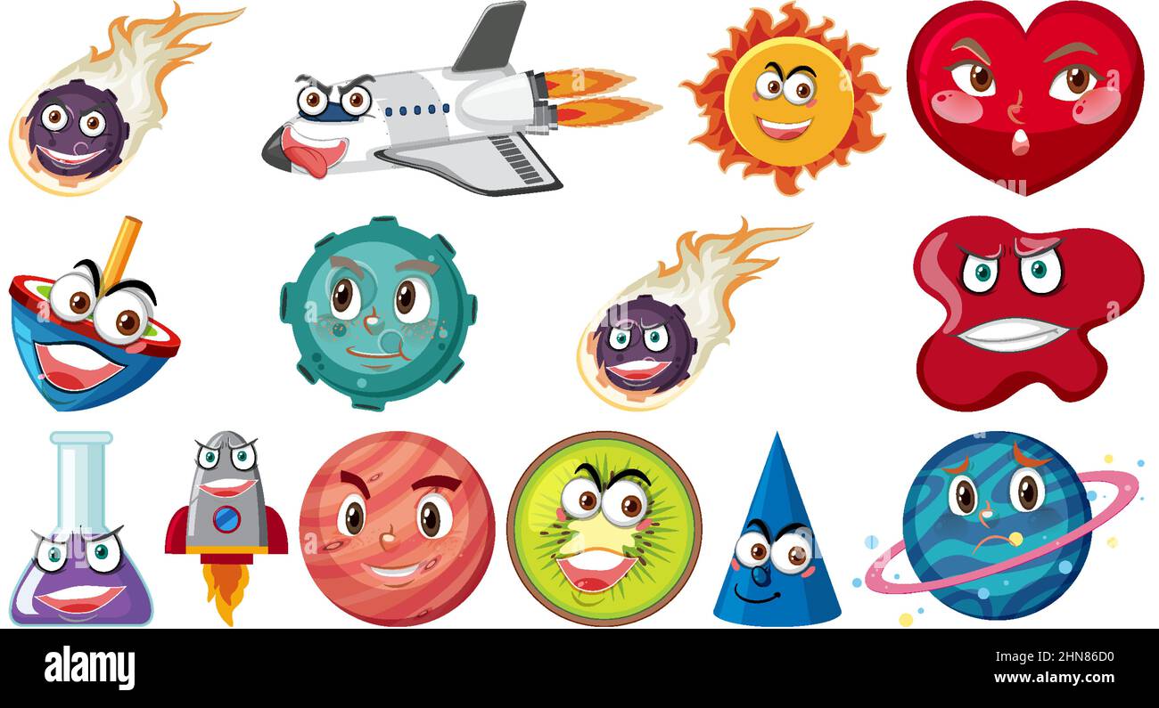 Set of different toy objects with smiley faces illustration Stock ...