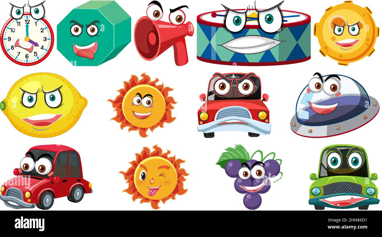 Set of different toy objects with smiley faces illustration Stock ...