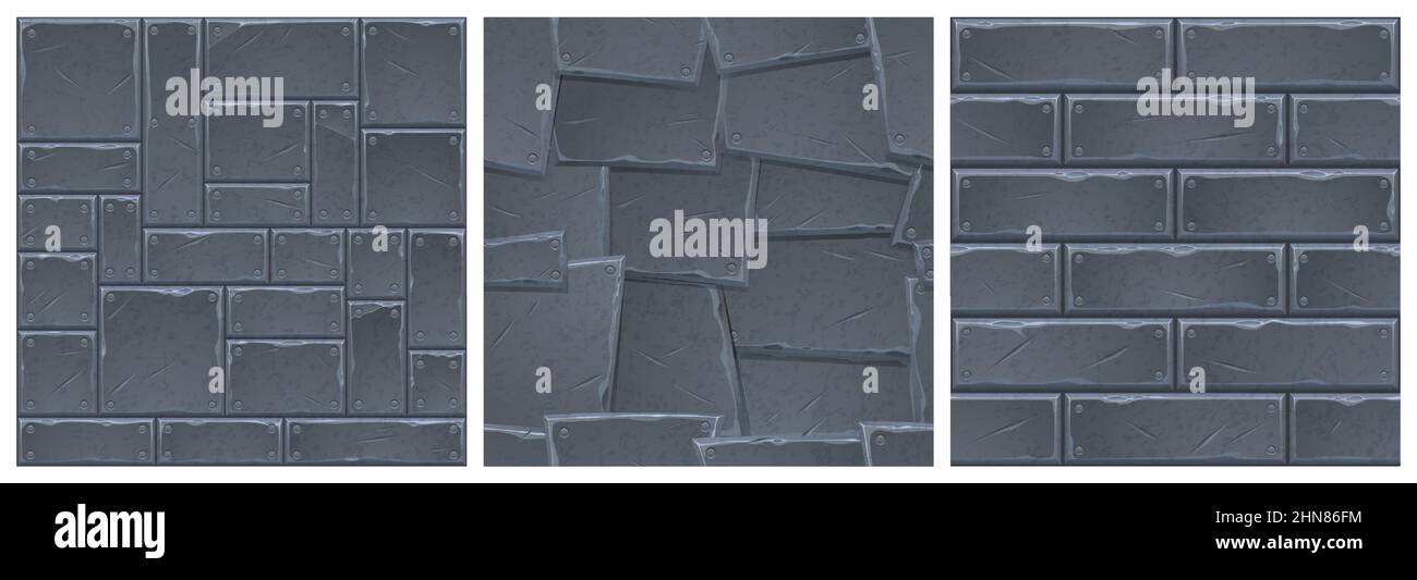 Metal texture seamless background for game, vector grey colored plaques ...