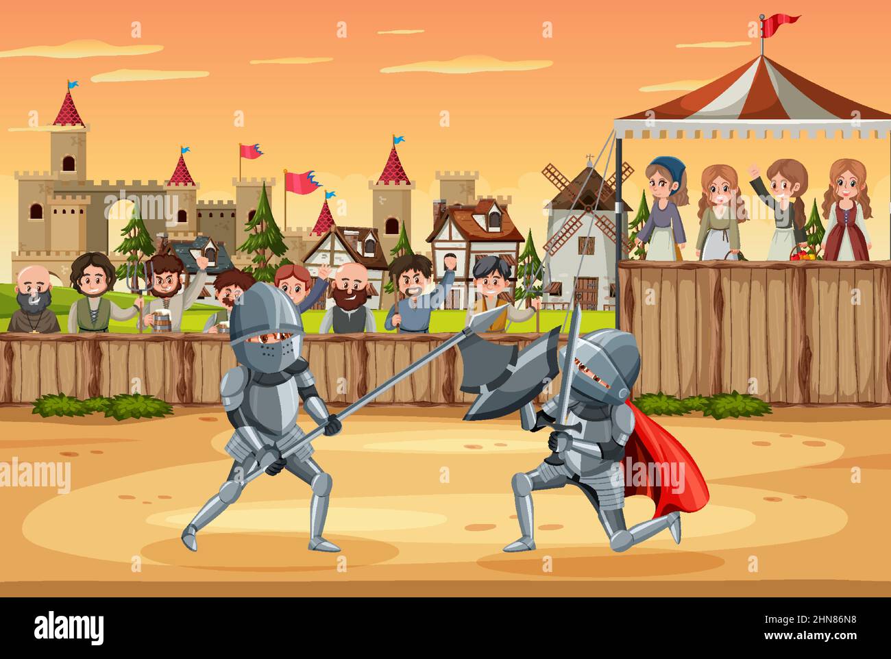 Medieval knight jousting tournament scene illustration Stock Vector ...