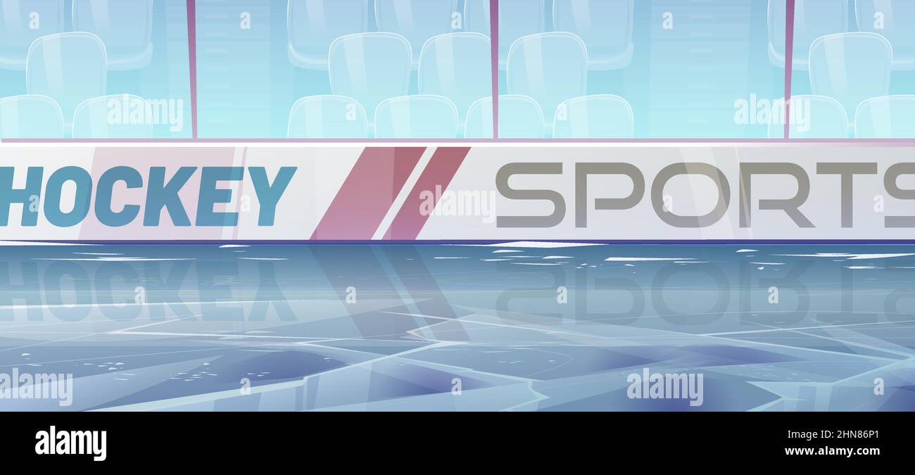 Hockey rink with blue ice, empty seats behind of glass fence and text ...