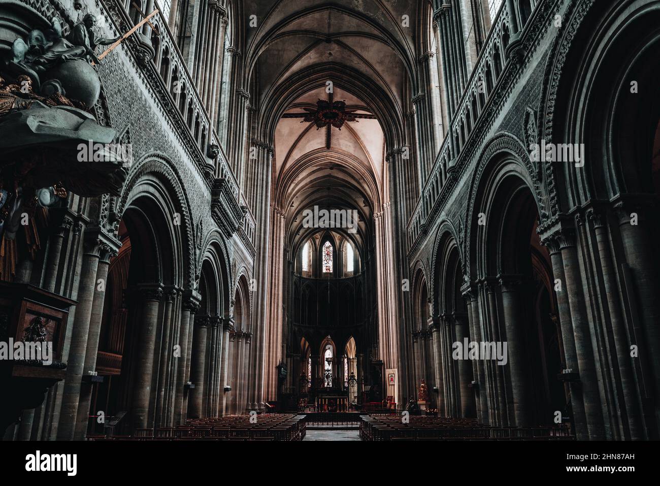 Gothic interior of the Bayeux Cathedral in Normandy, France Stock Photo ...