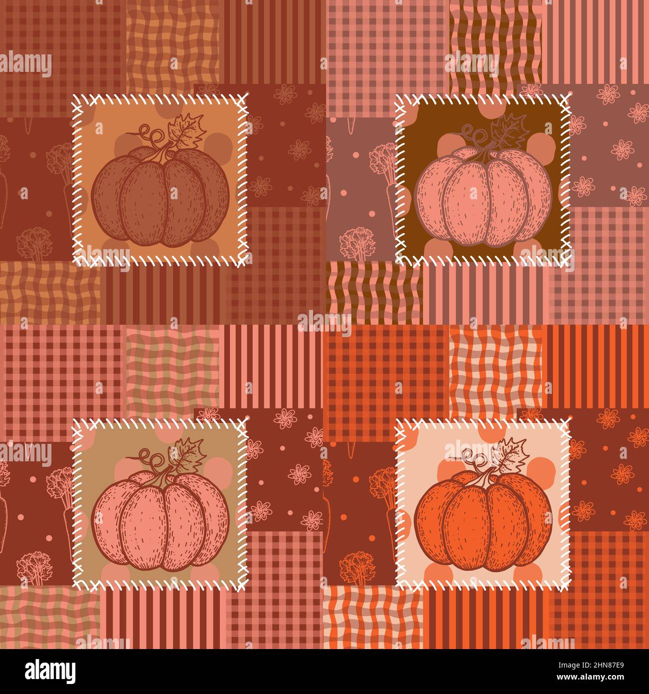 Patchwork seamless pattern. Different color palettes. Pumpkin, carrots ...