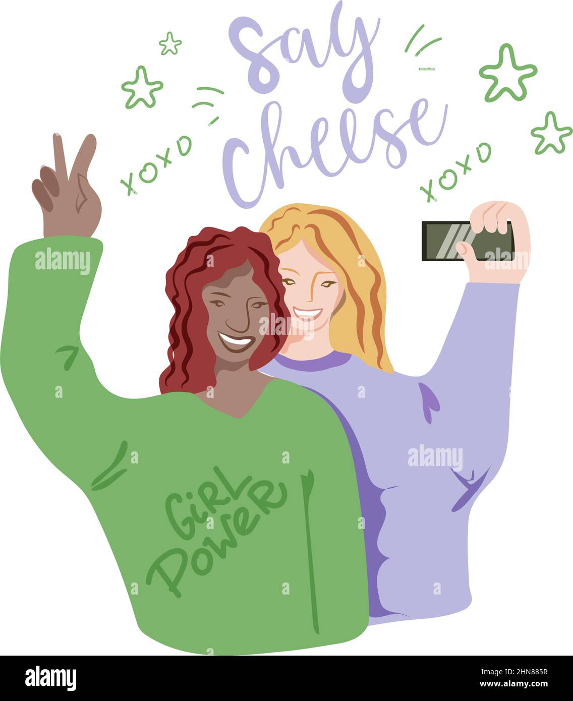 Happy Smiling Young Girlfriends Taking Selfie Photo Vector Illustration