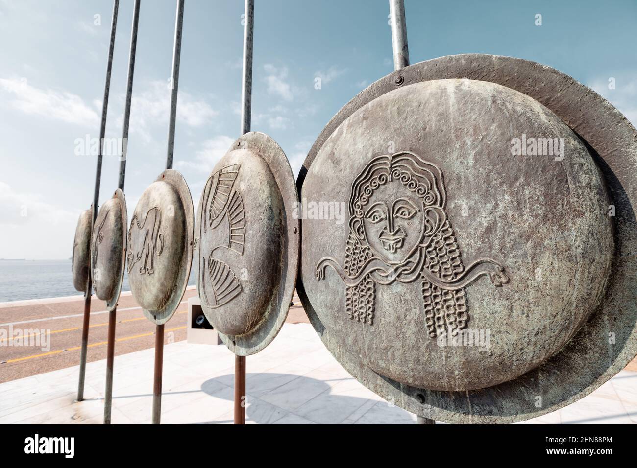 21 October 2021, Thessaloniki, Greece: Greek shields with mythology ...