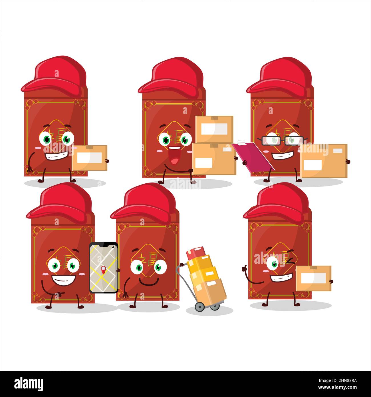 Cartoon character design of red packets chinese working as a courier ...