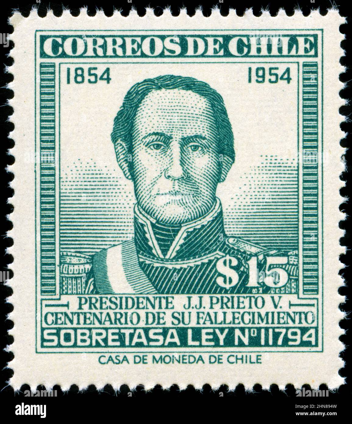 Postage stamp from Chile in the José Joaquín Prieto, death Cent. series ...