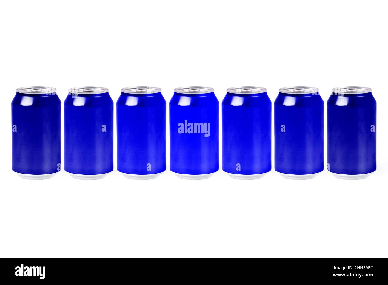 Aluminum cans with blue color variations on a white background ...