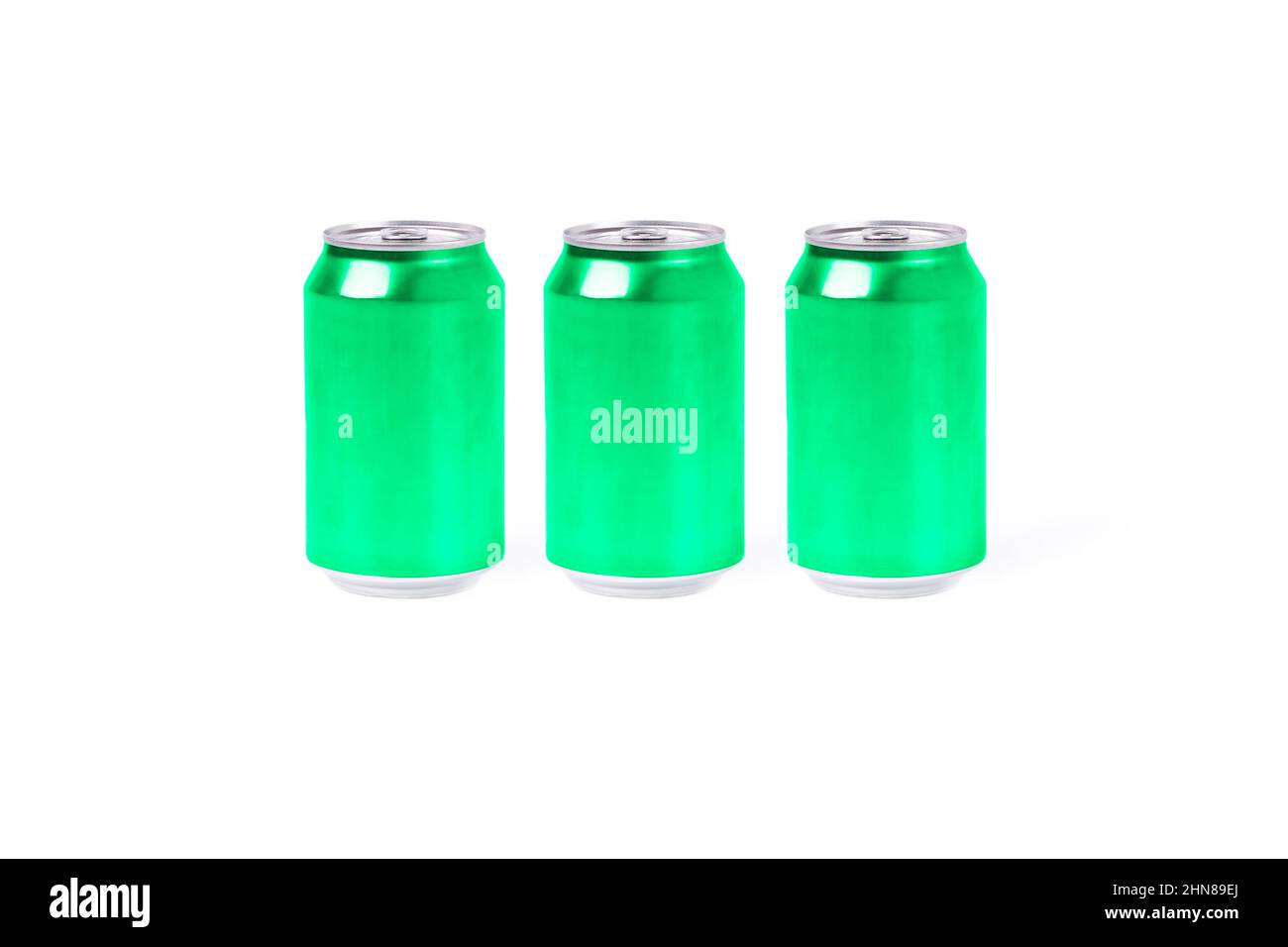 Three green colored aluminum cans on a white background. Refreshing ...