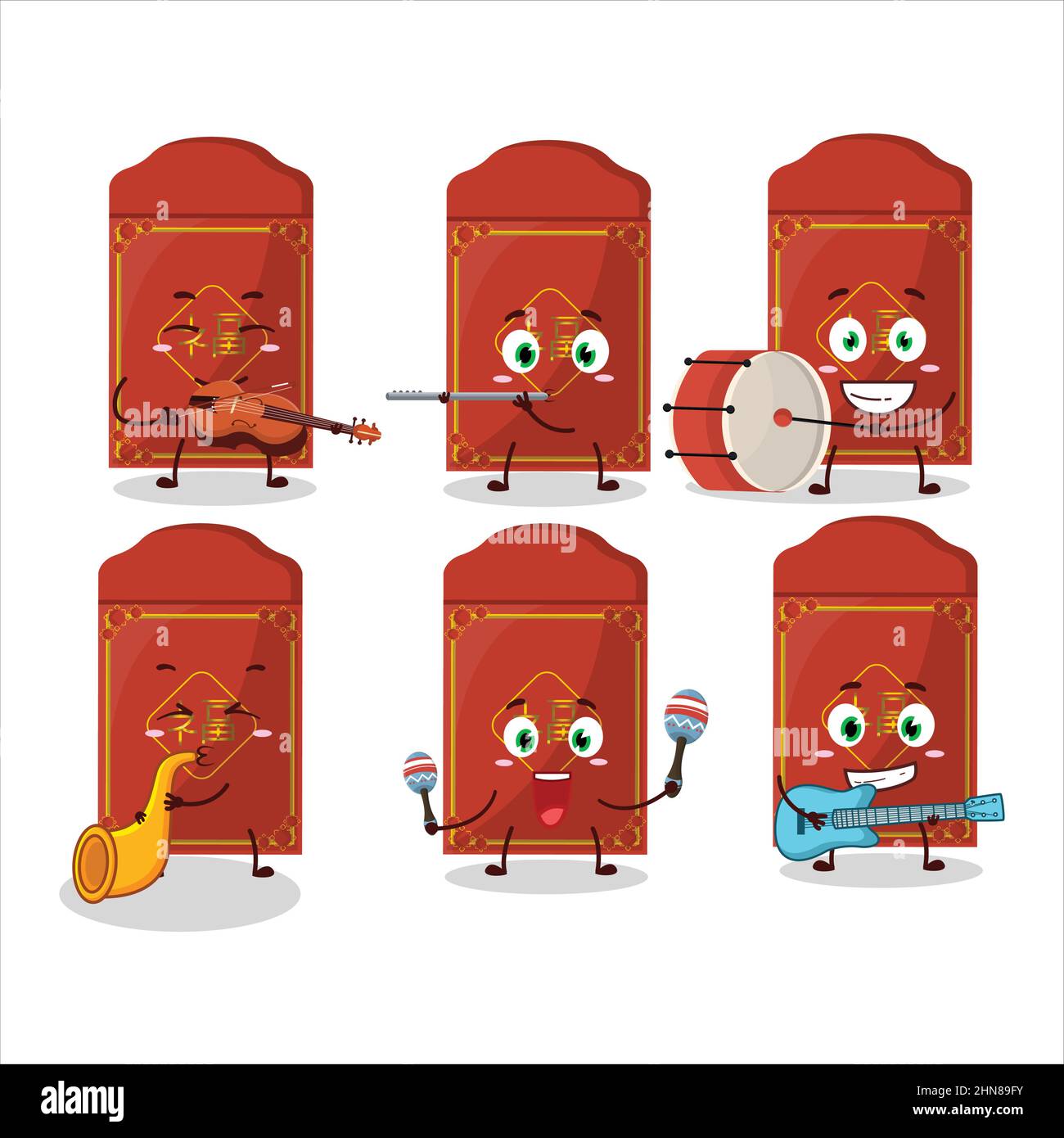 Cartoon character of red packets chinese playing some musical ...