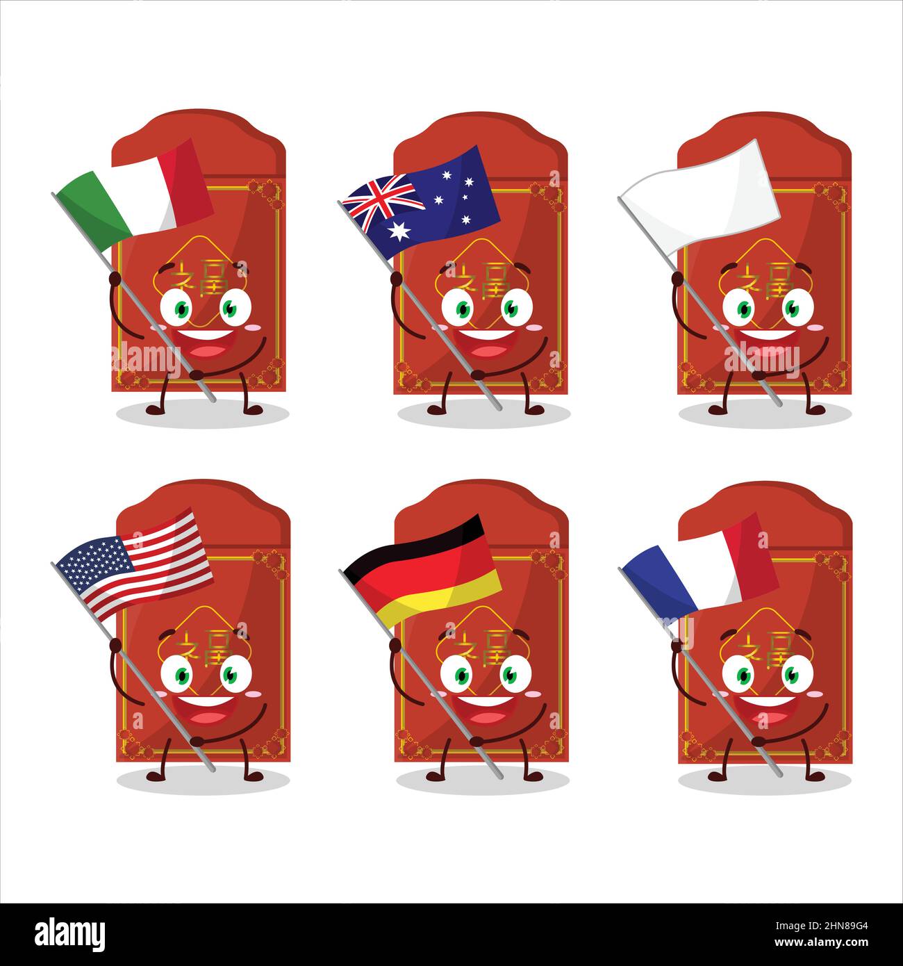 Red Packets Chinese Cartoon Character Bring The Flags Of Various