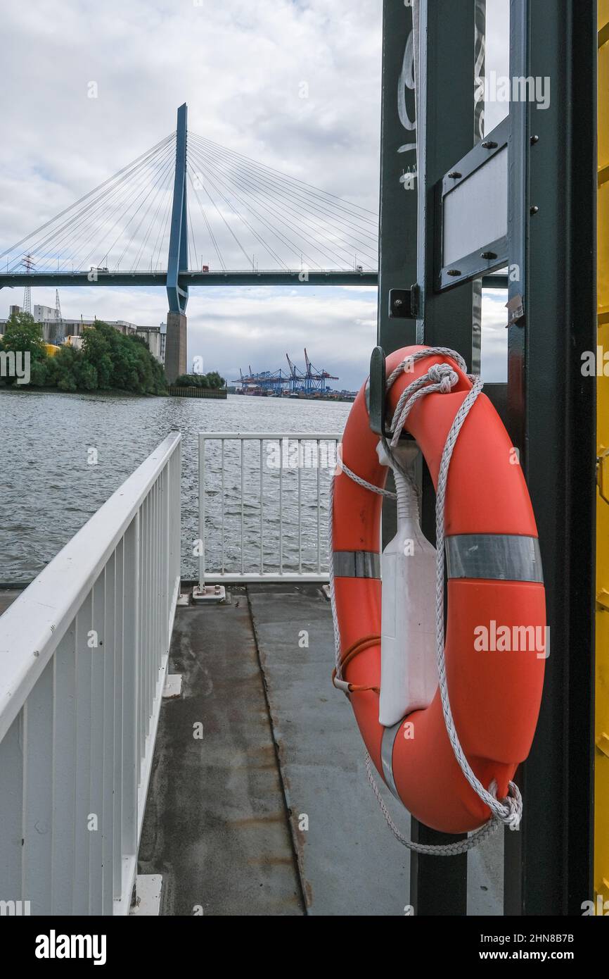 Vertical closeup of the lifebuoy ring with the famous bridge Koehlbrand ...