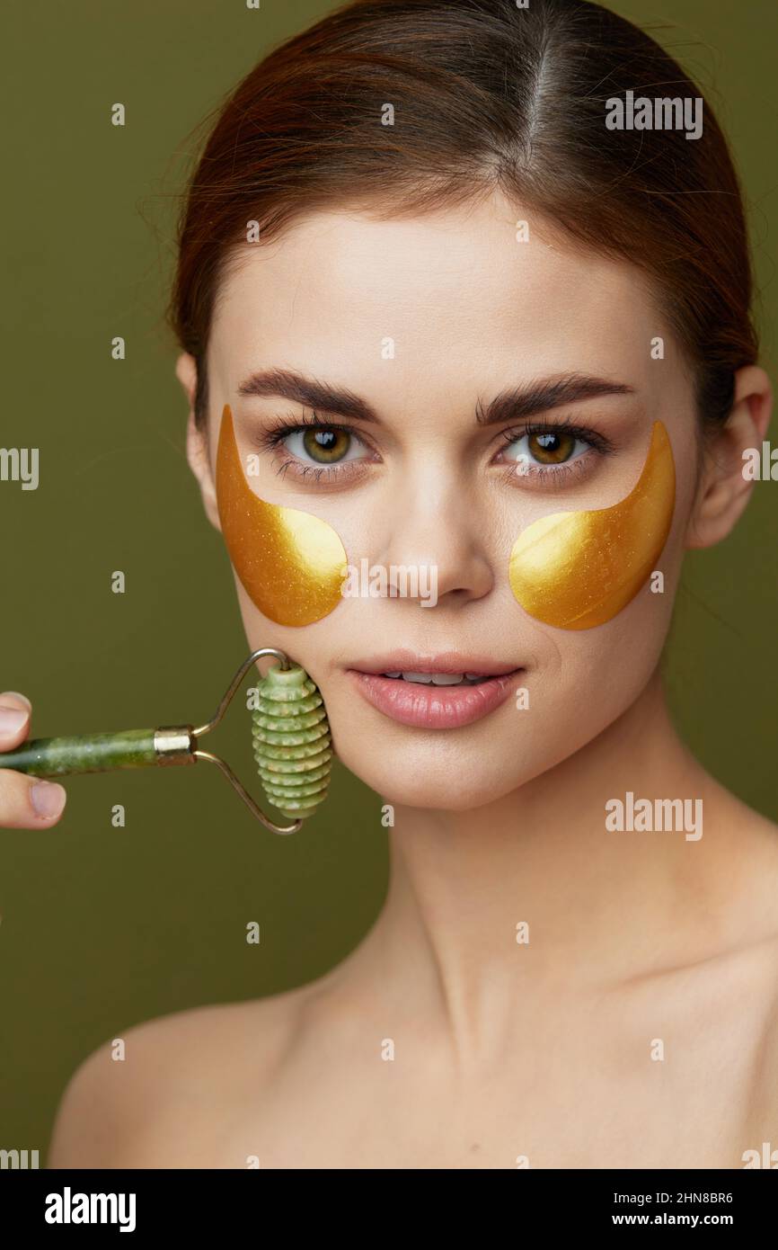 woman patches rejuvenation skin care fun after shower facial massage ...