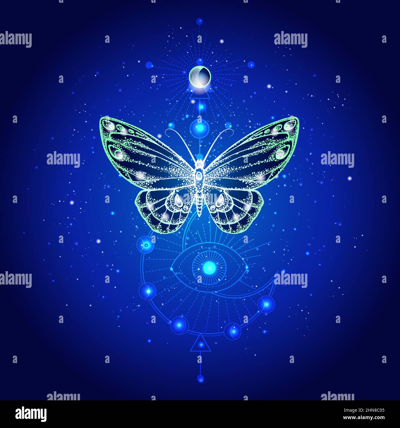Vector illustration with hand drawn butterfly and Sacred geometric ...