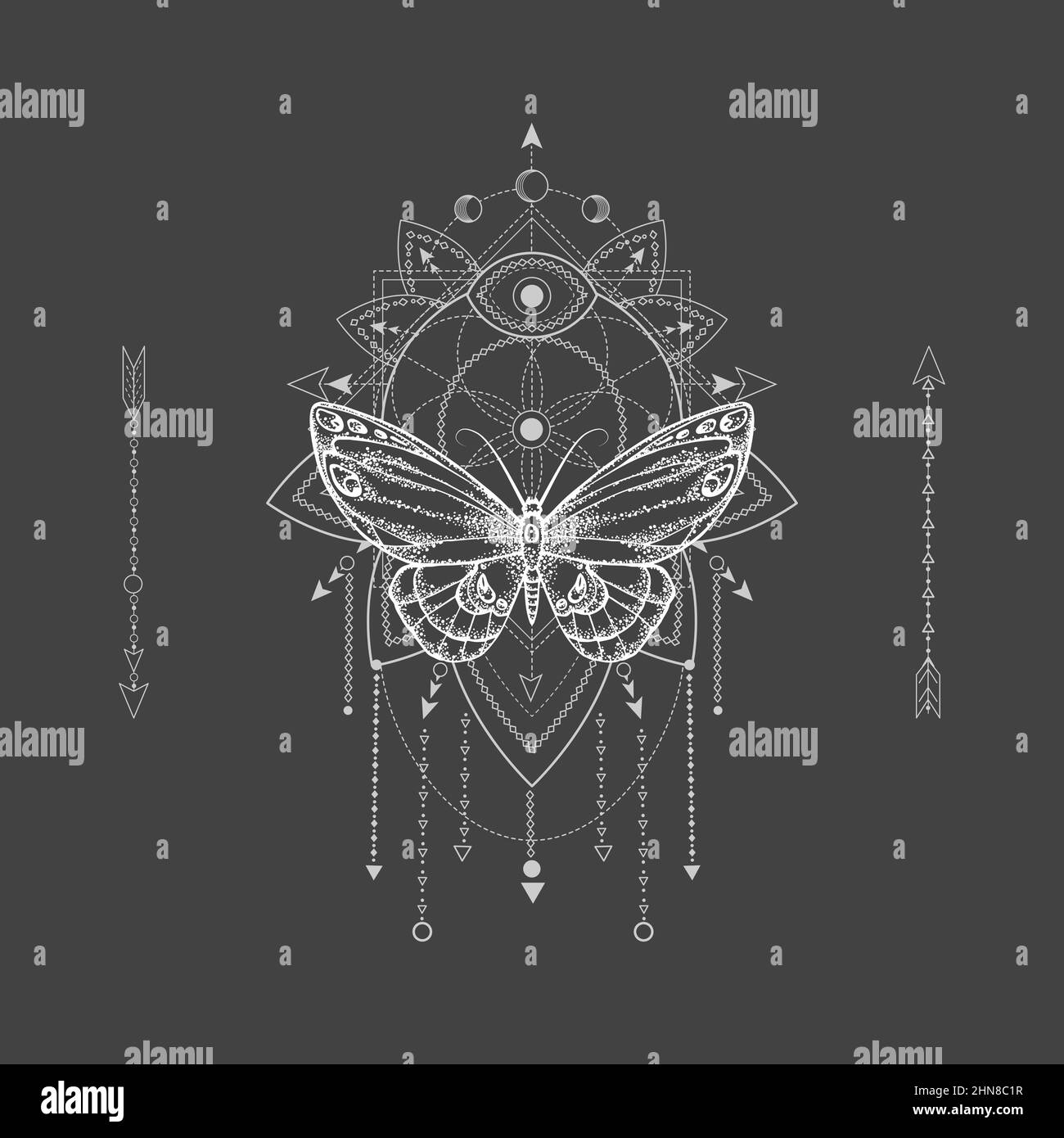 Vector illustration with hand drawn butterfly and Sacred geometric ...