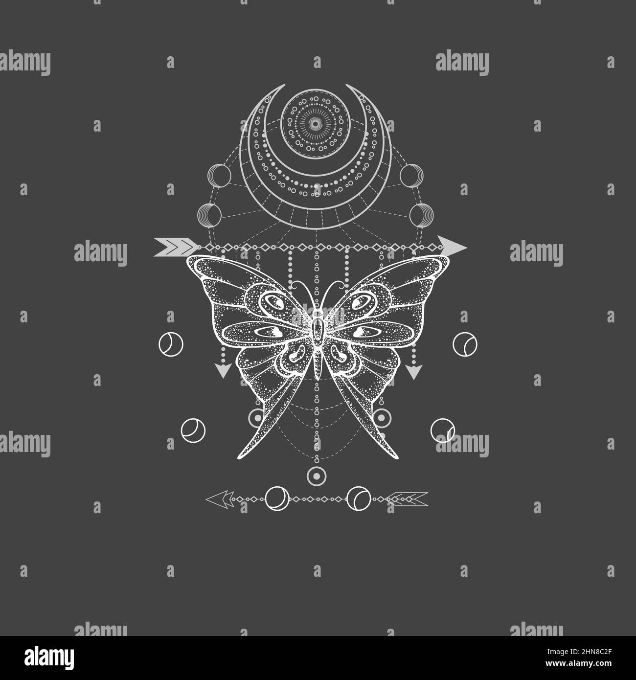 Vector illustration with hand drawn butterfly and Sacred geometric ...