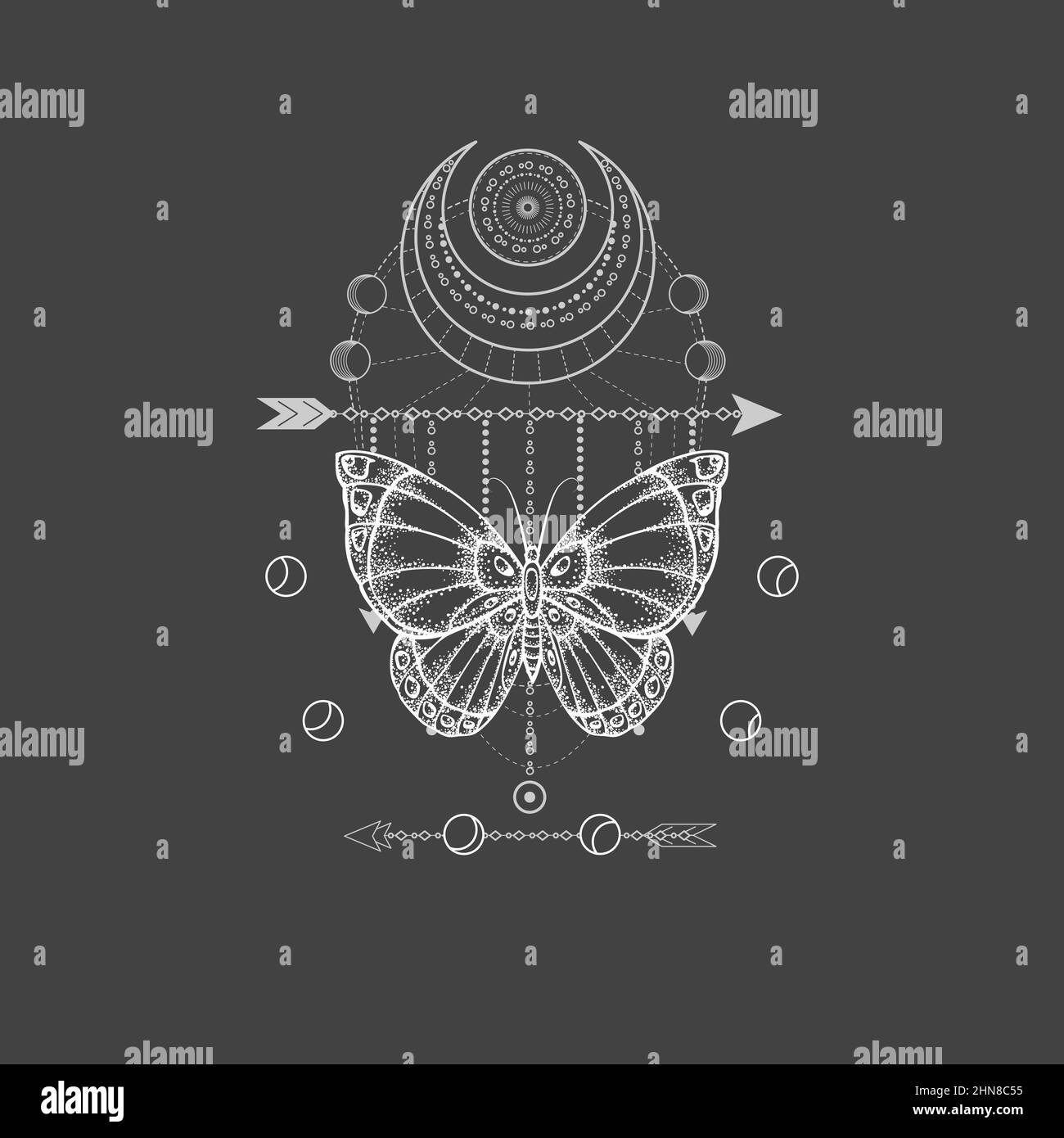 Vector illustration with hand drawn butterfly and Sacred geometric ...