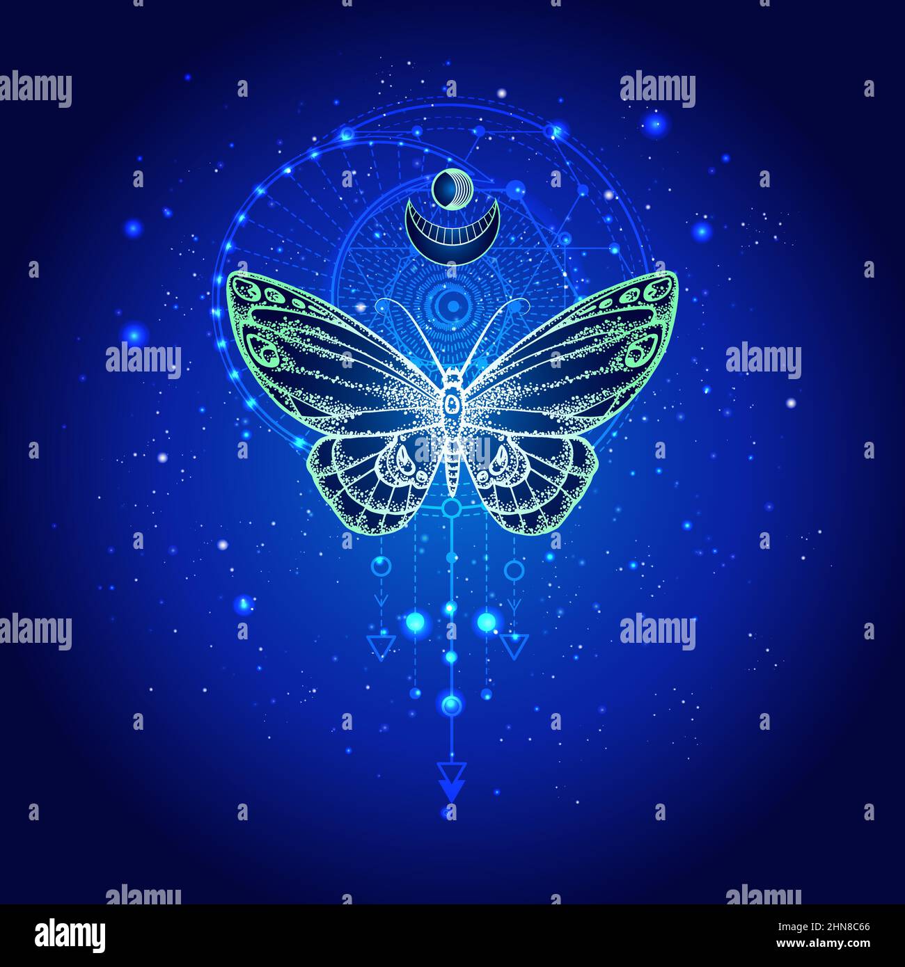 Vector illustration with hand drawn butterfly and Sacred geometric ...