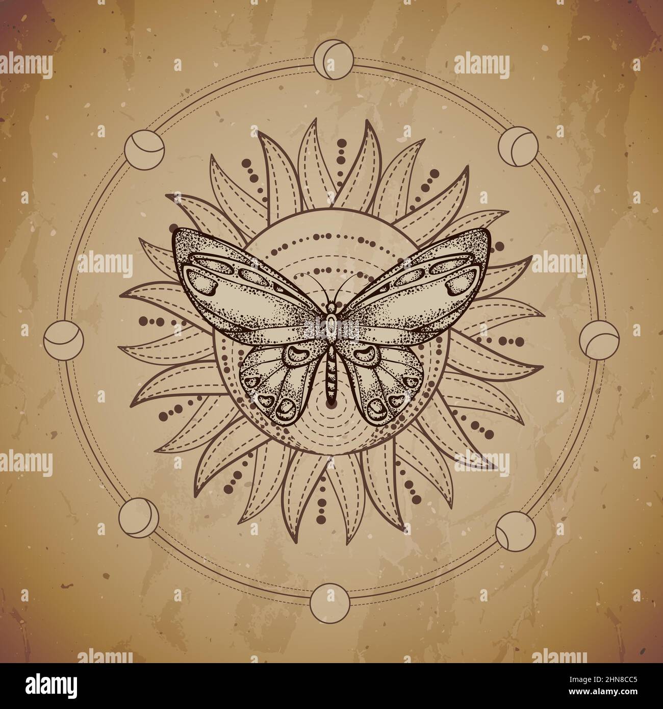Vector illustration with hand drawn butterfly and Sacred geometric ...