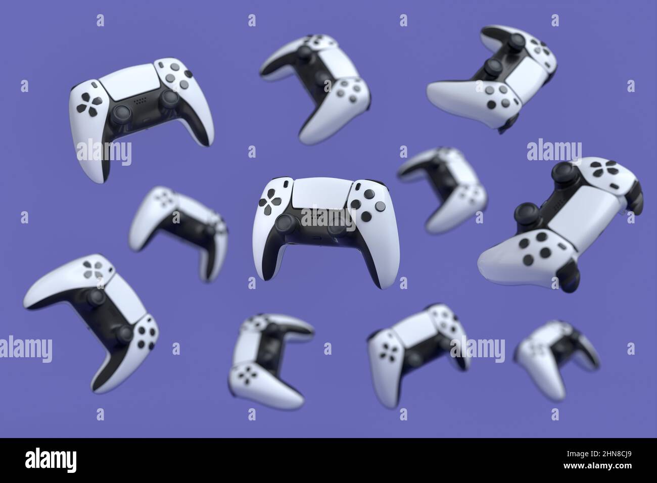 Flying gamer joysticks or gamepads on purple background with blur. 3d ...