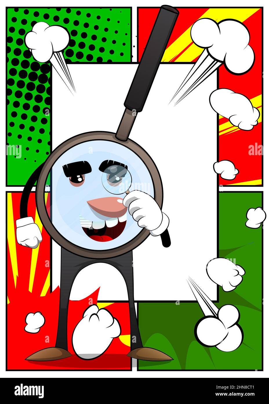 Magnifier holding a magnifying glass. Cartoon Character science ...