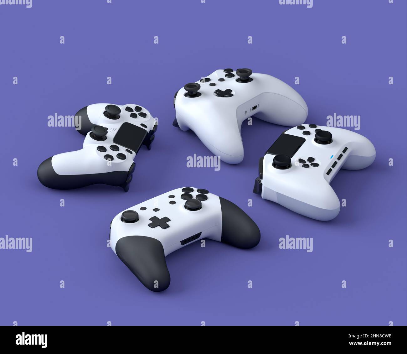 Set of lying gamer joysticks or gamepads on purple background with blur ...