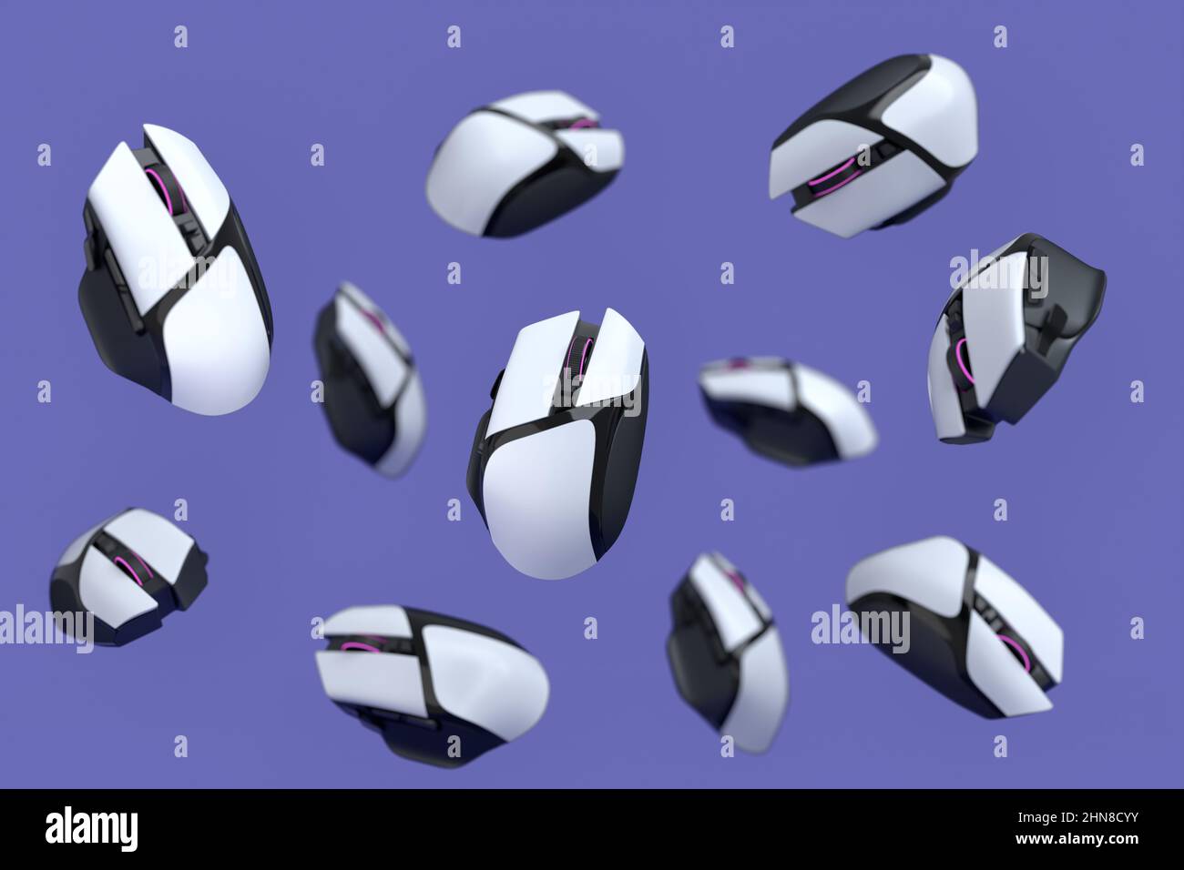 Flying gamer mouse on purple background with blur. 3d rendering of ...