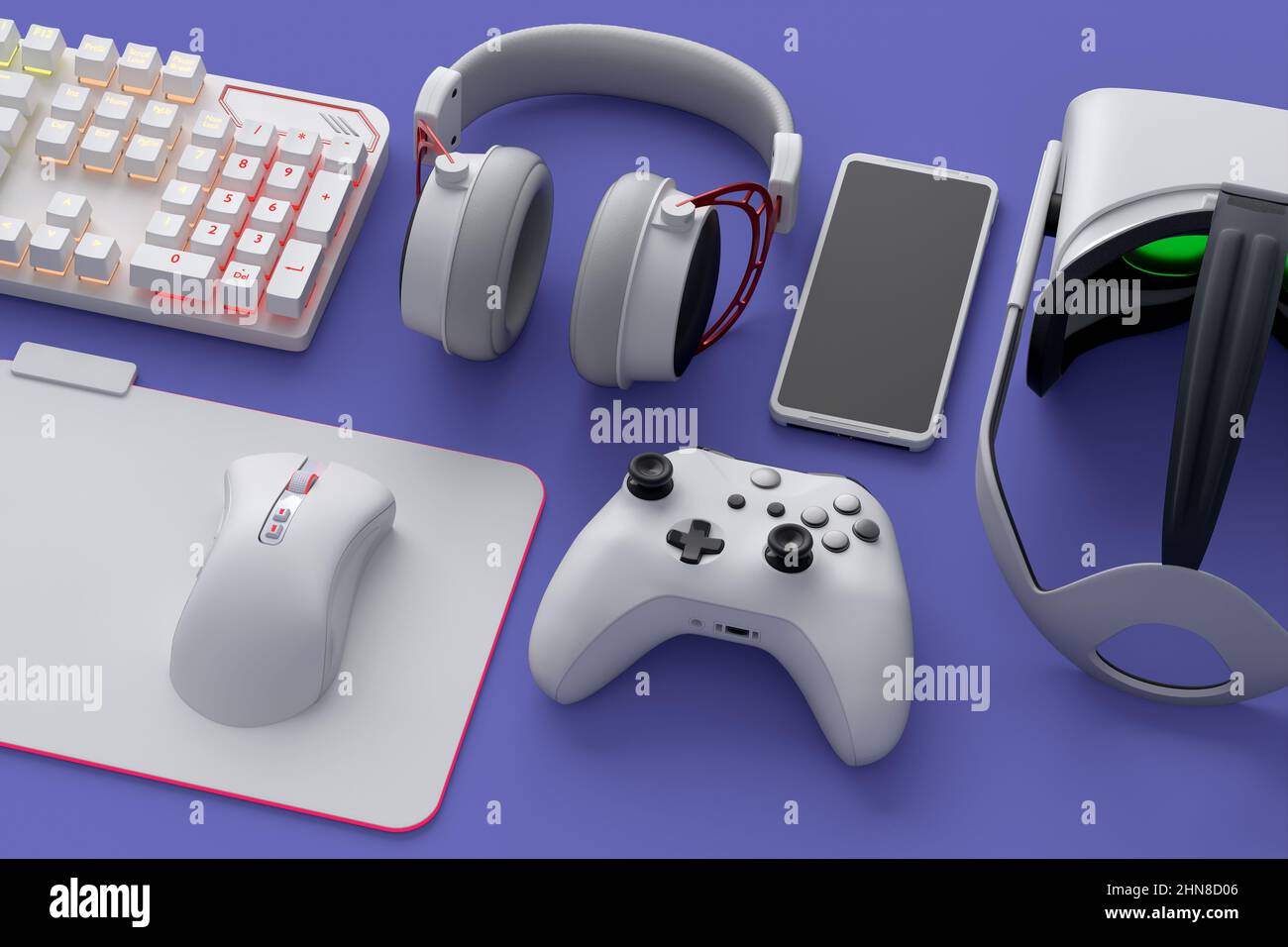 Top view of gamer workspace and gear like mouse, keyboard, joystick ...